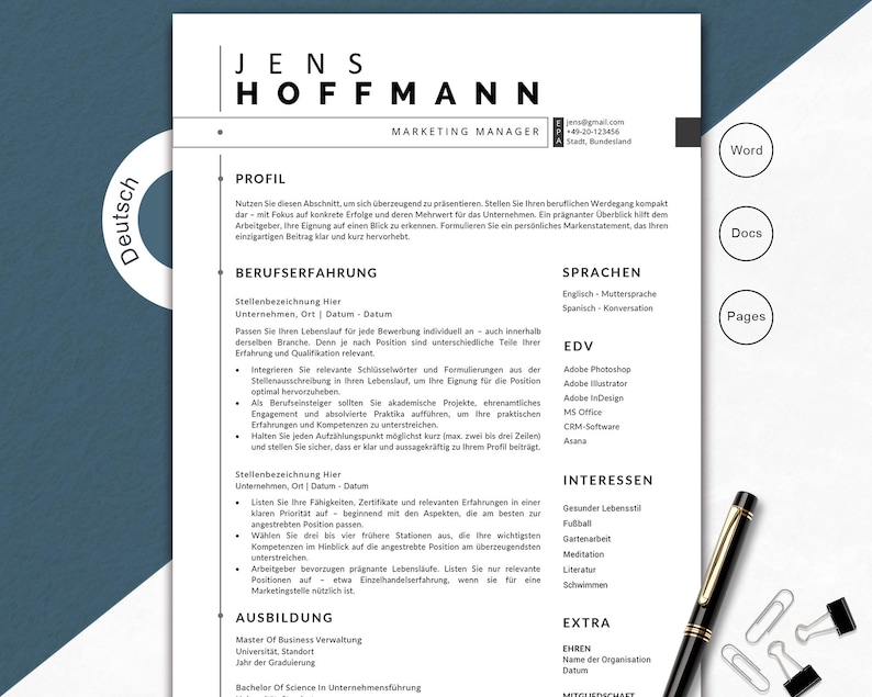 German Resume Template: CV Cover Letter, References (word, Google Docs ...