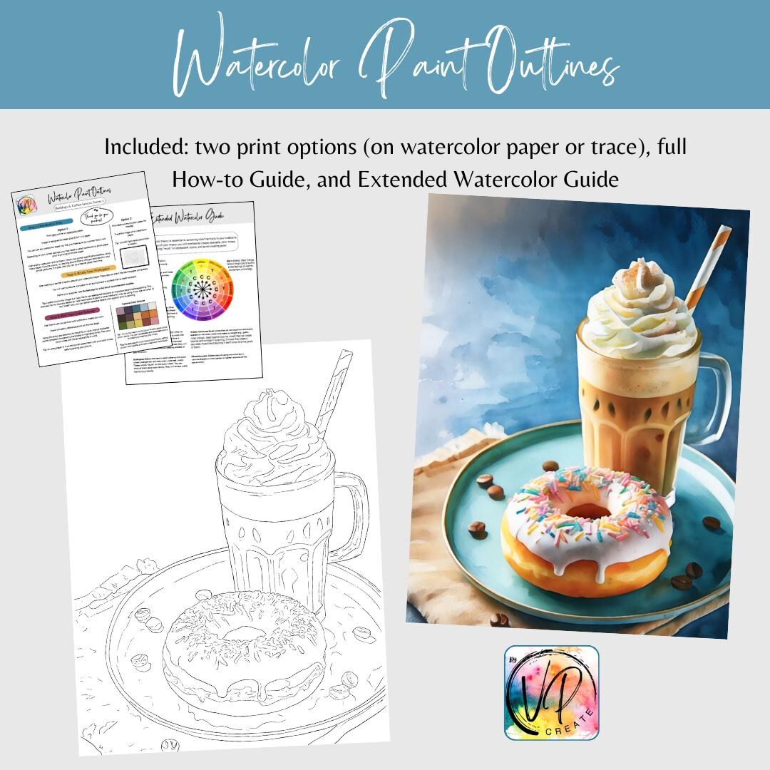 Coffee and Donut Paint Outline, Drawing Template, Color Page, Traceable ...