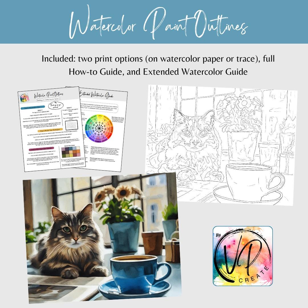 Watercolor Paint Outline, Paint Template, Coloring Page, Cat Art ...