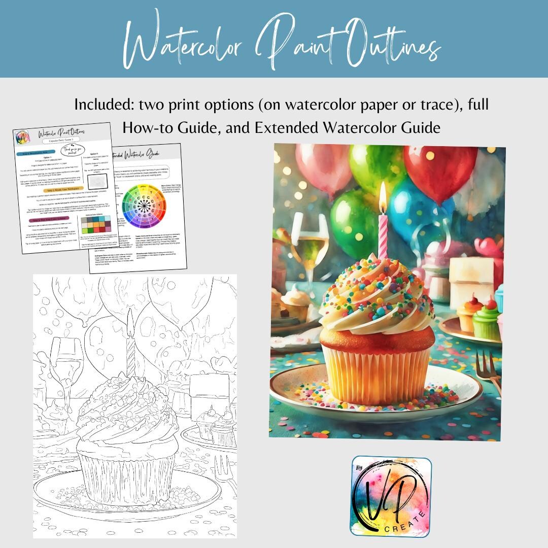 Cupcake Birthday Party Paint Outline, Drawing Template, Color Page ...