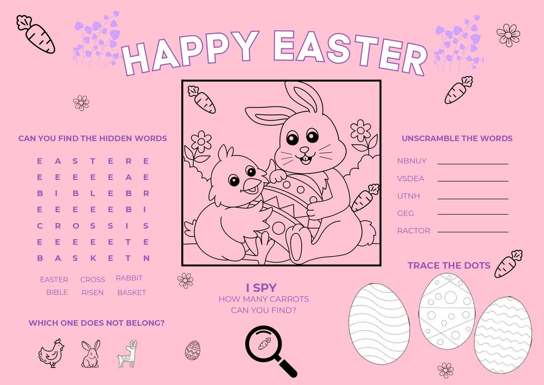 Easter Printable Activity Worksheet for Kids – Pink & Purple A4 Game ...
