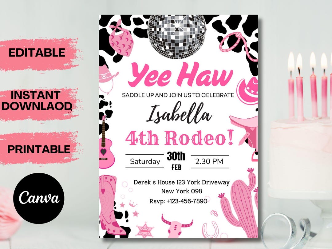 Editable Pink Cowgirl Birthday Invitation: Yee Haw Rodeo Party (PDF ...