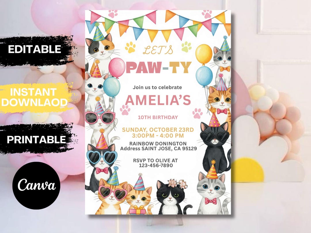 Editable Cat Invitation, Cute Cats Birthday Invite, Kitty Cat Birthday ...