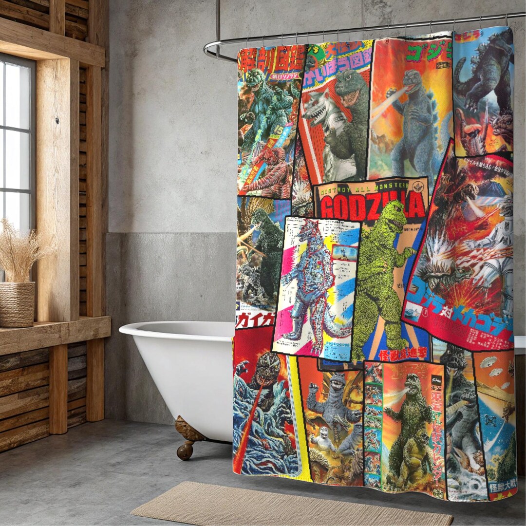 Godzilla Shower Curtain | Vintage Kaiju Bathroom Decor Gift for Monster ...