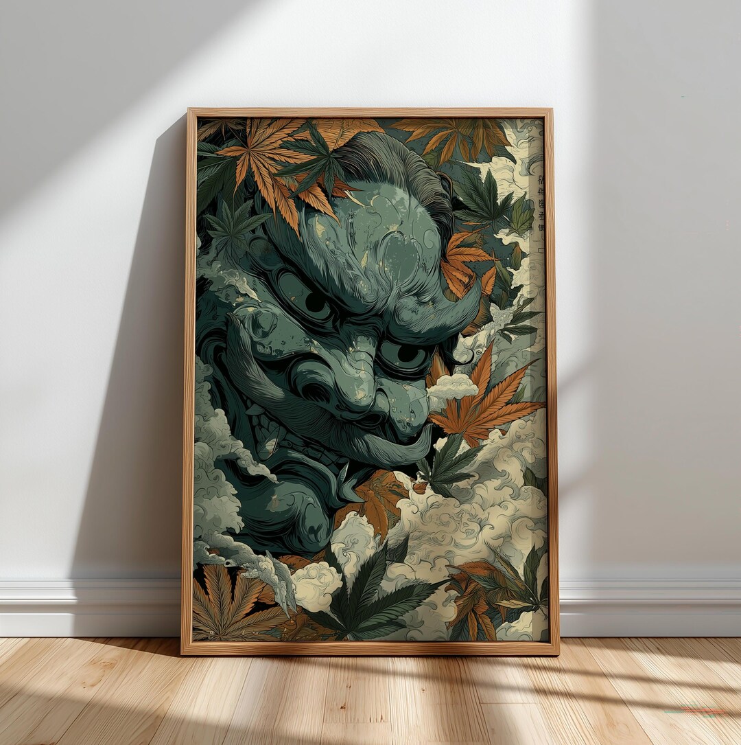 Oni Mask Cannabis Guardian Poster, Japanese Demon Art, Psychedelic ...