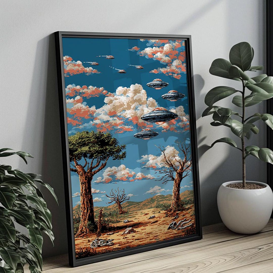 Retro Pixel Art UFO Poster, 70s Arcade Style Alien Invasion Desert ...