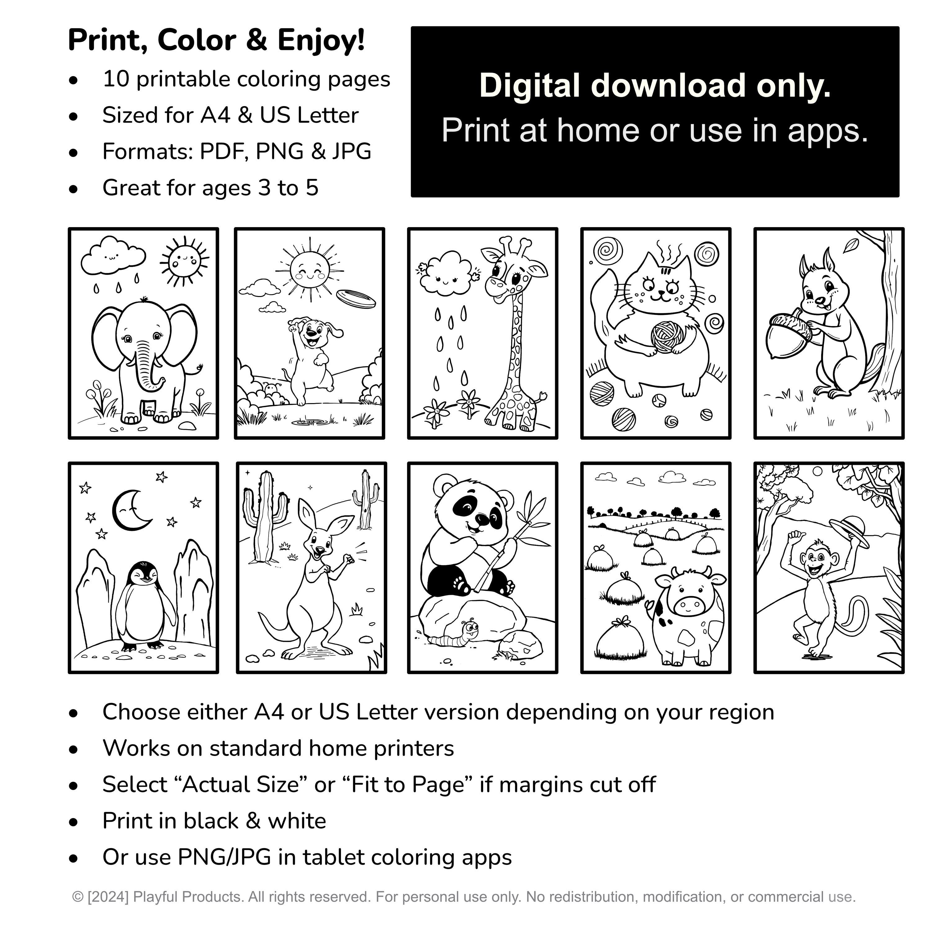 Coloring Pages for Kids – Printable PDF + PNG + JPG, Ages 3–4-5, Animal ...