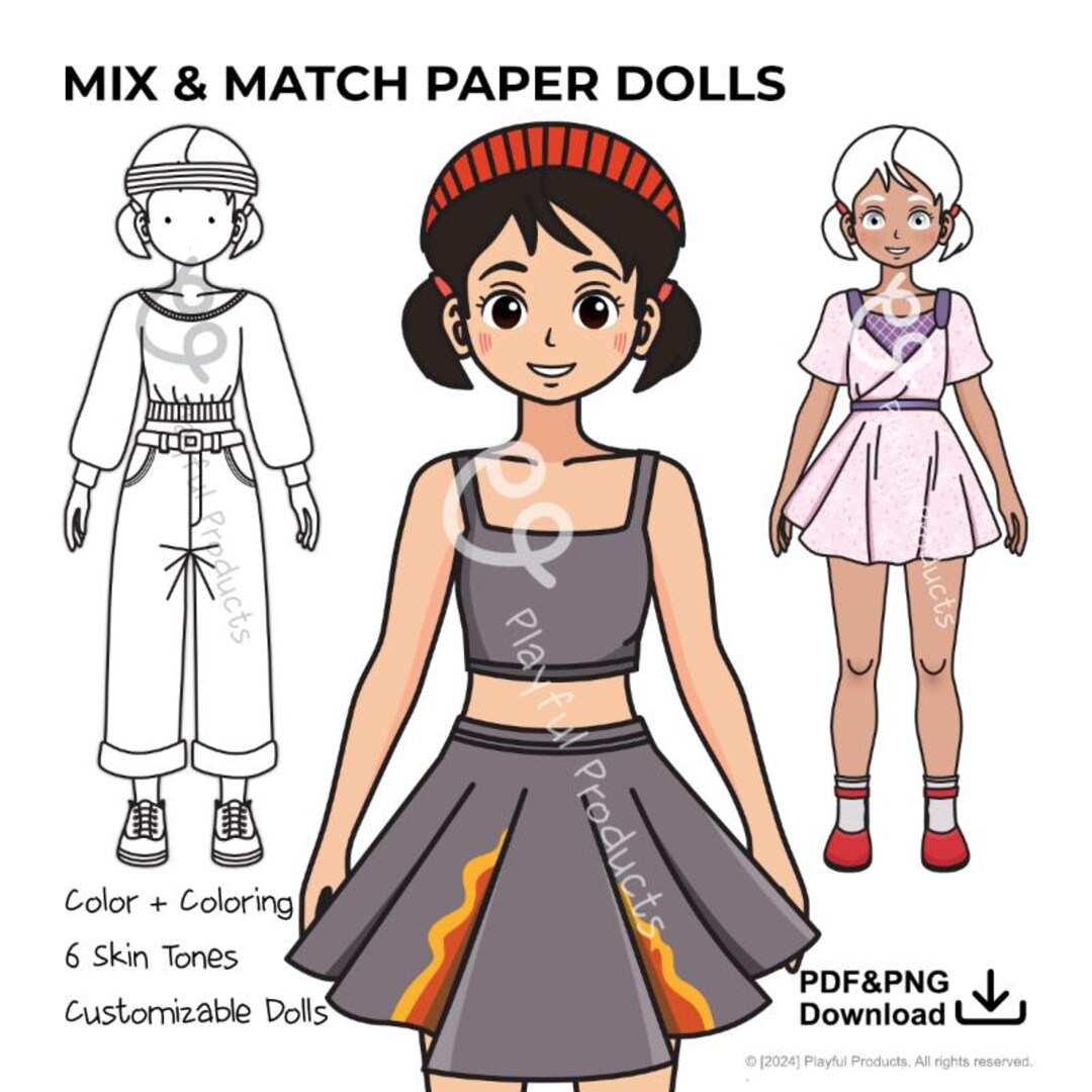 Printable Paper Dolls: Mix & Match Outfits, Coloring Pages (digital ...
