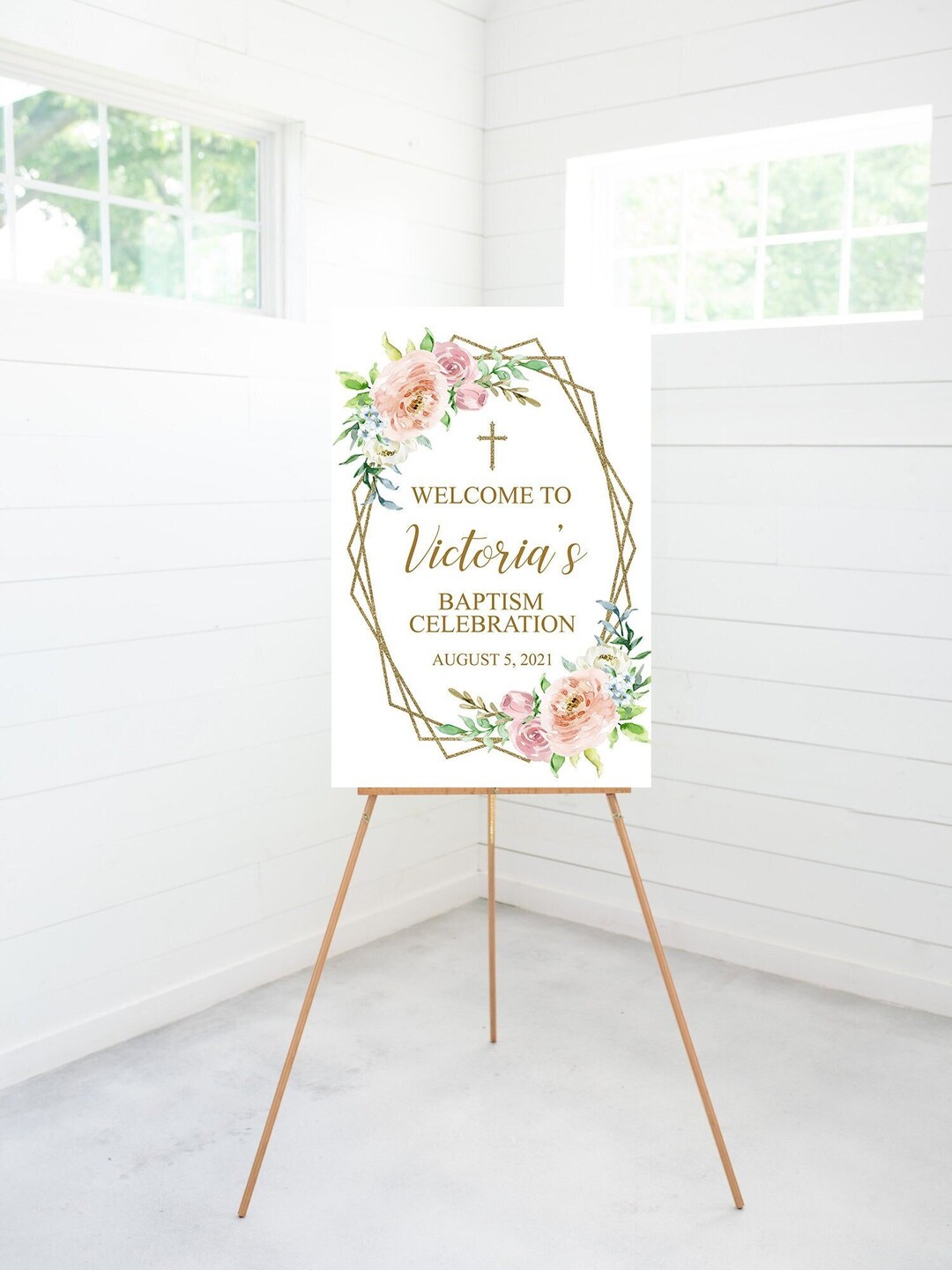 Pastel Pink Floral Baptism Welcome Sign, Christening Celebration Sign ...