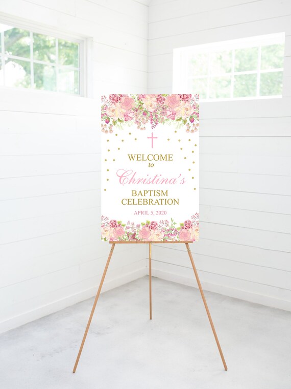 Pink Floral Baptism Welcome Sign, Baptism Decorations, Foam Board by ...