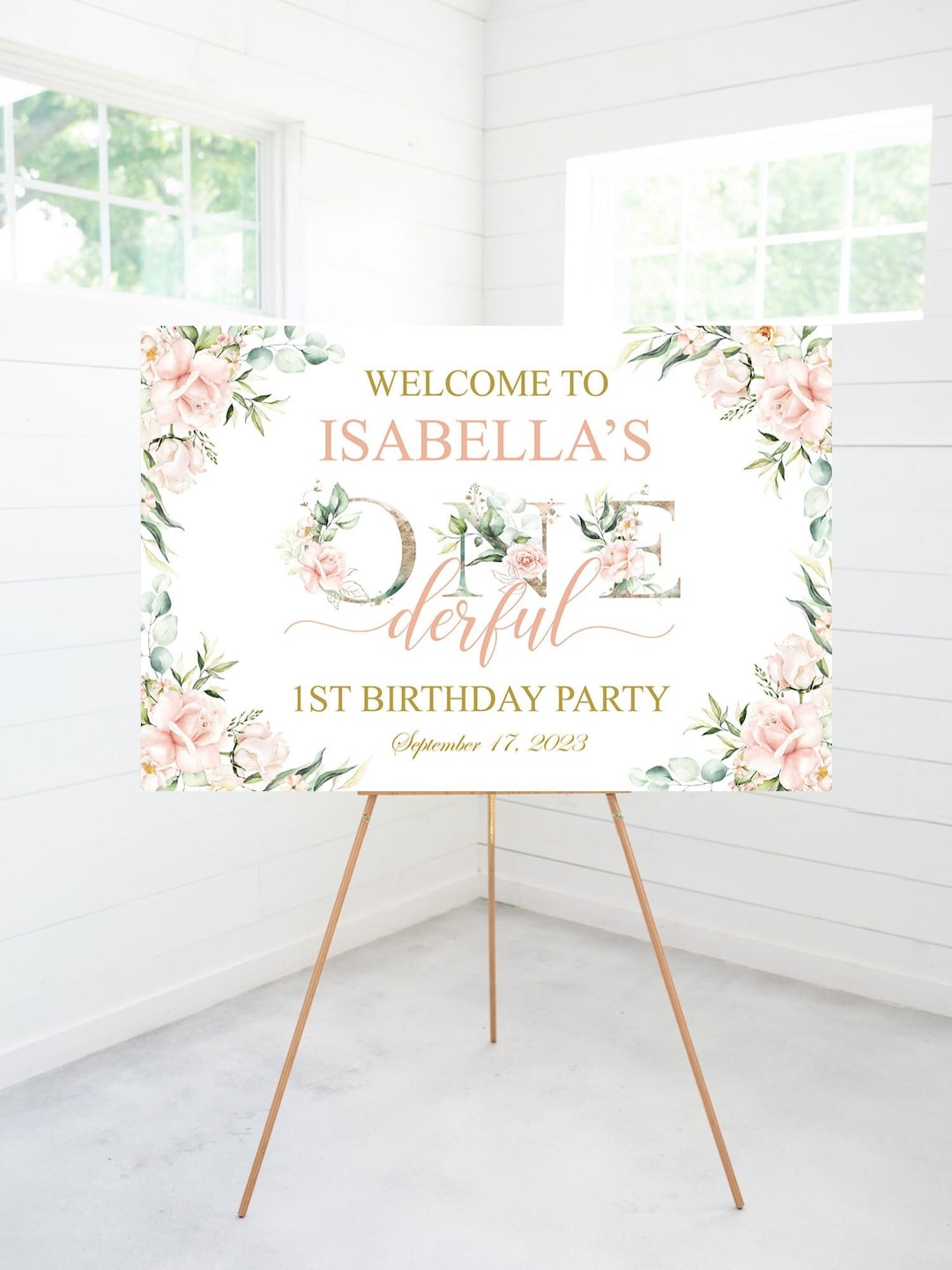 Onederful 1st Birthday Party Welcome Sign, Blush Pink Floral, First ...