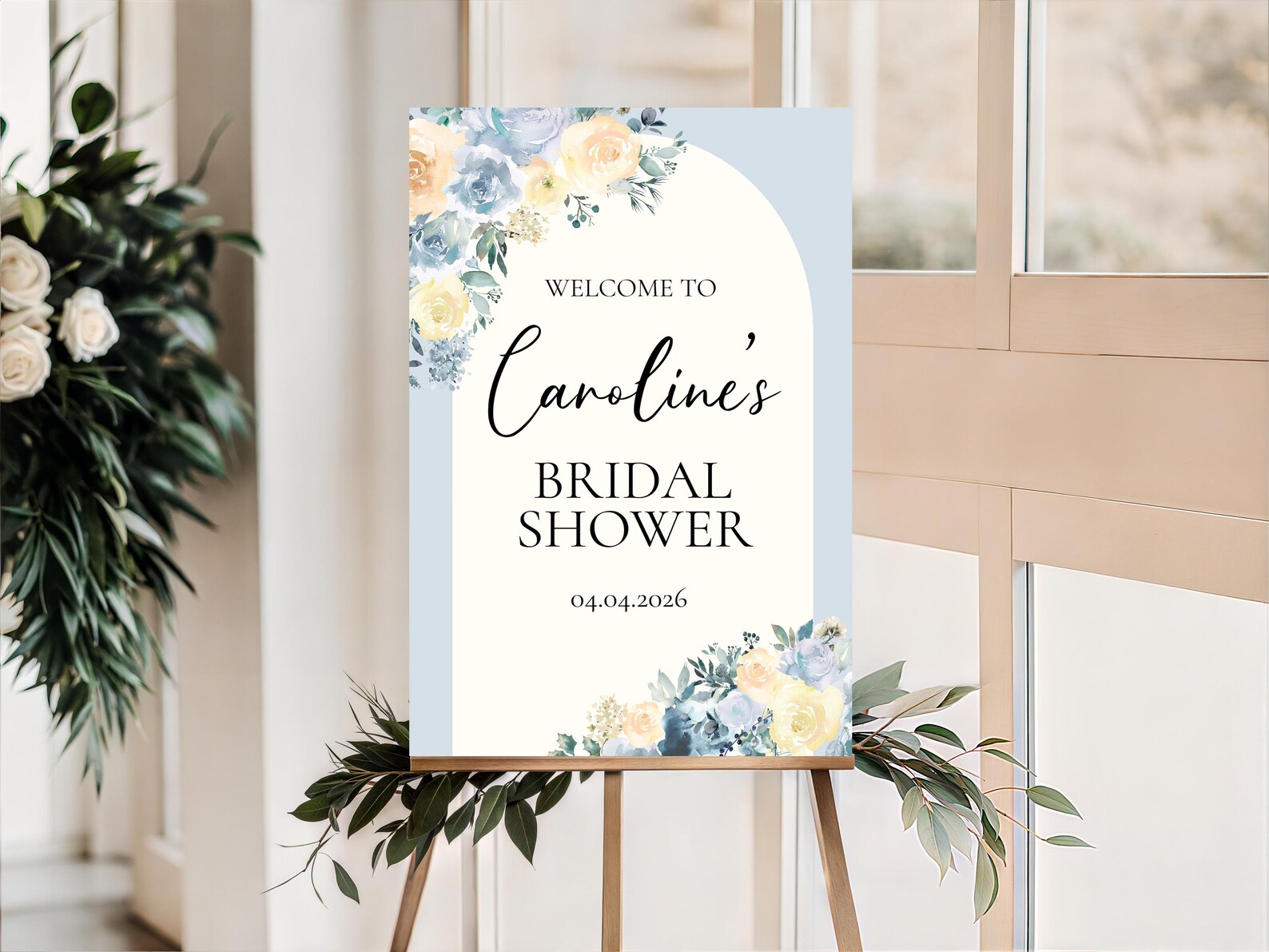 Dusty Blue & Yellow Floral Bridal Shower Sign, Personalized Party Decor ...