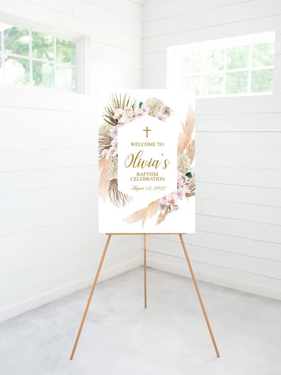 Boho Baptism Welcome Sign, Baptism Decorations, Blush Floral Orchids ...