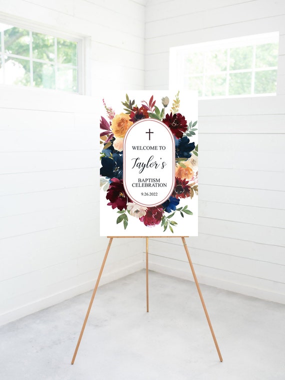 Fall Floral Baptism Welcome Sign, Baptism Decorations, Burgundy and ...