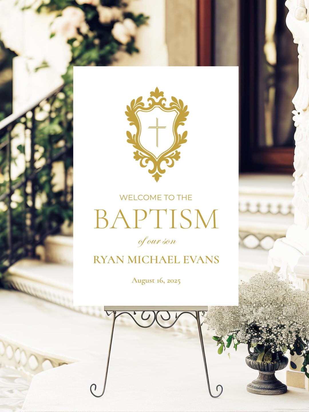 Baptism Welcome Sign, White and Gold, Baptism Decor, Crest, Christening ...