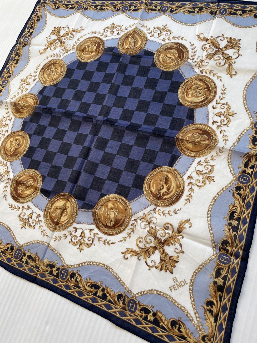 Vintage Fendi Light Cotton Handkerchief, Neckerchief, Navy Checkered ...