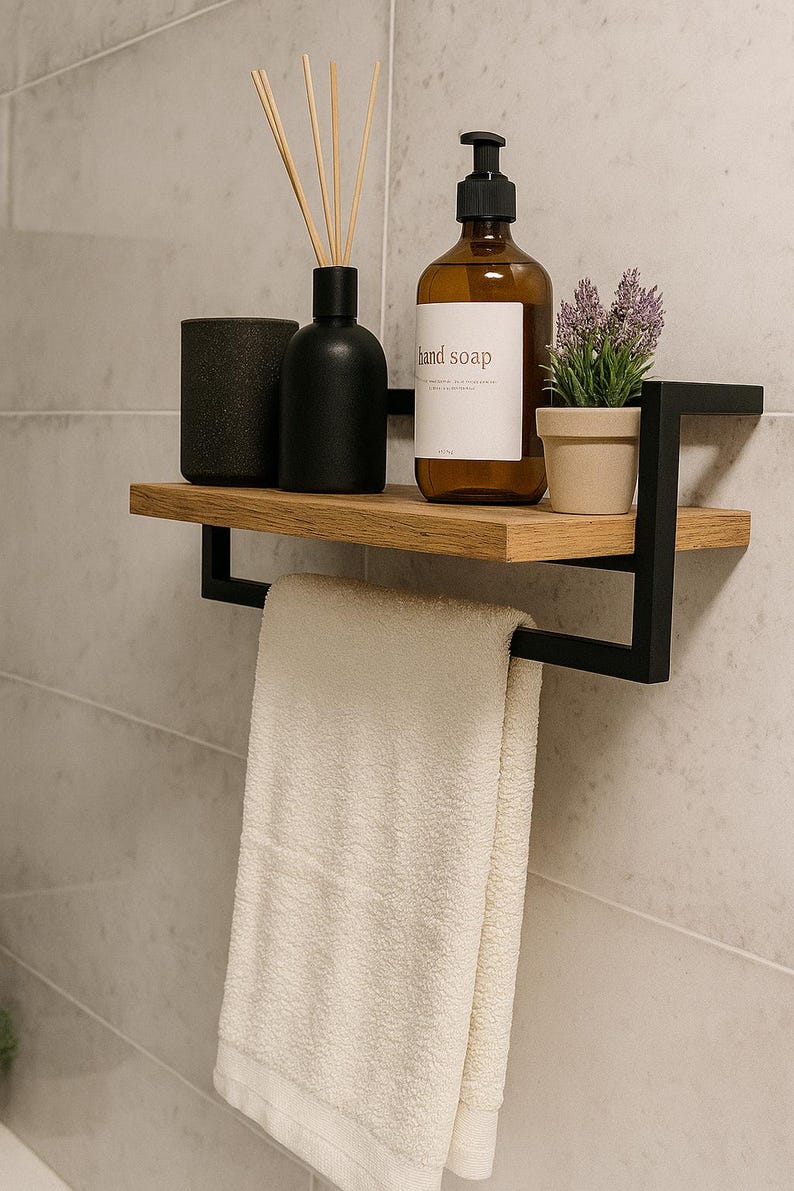 Modern Wall Mounted Floating Shelf With Towel Rack – Minimalist Metal ...