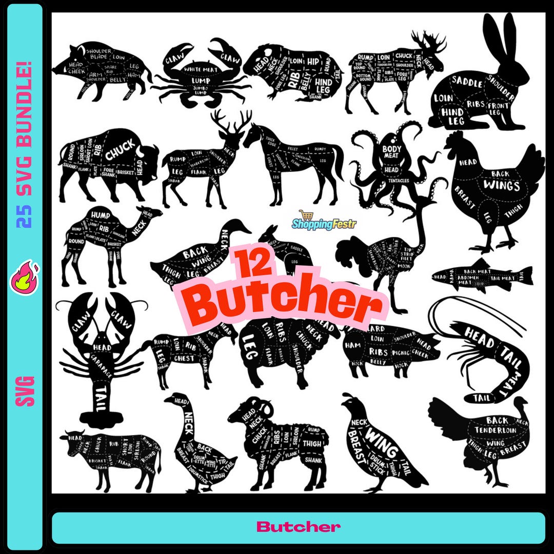 Butcher Meat Cuts Chart Printable JPEG, Kitchen Wall Art, Vintage ...