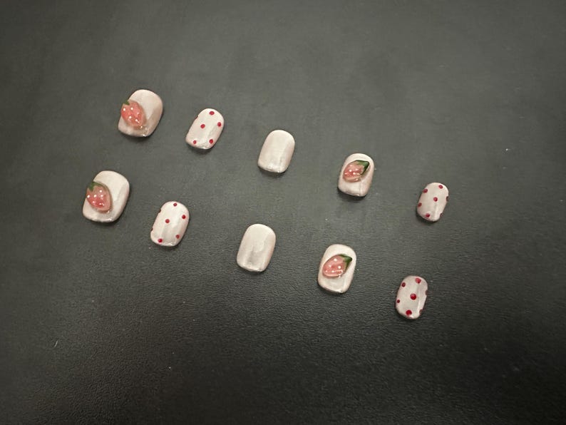 Cat Eye Strawberry Press-on Nails: Kawaii Pink Hand Painted Nail Art - Etsy