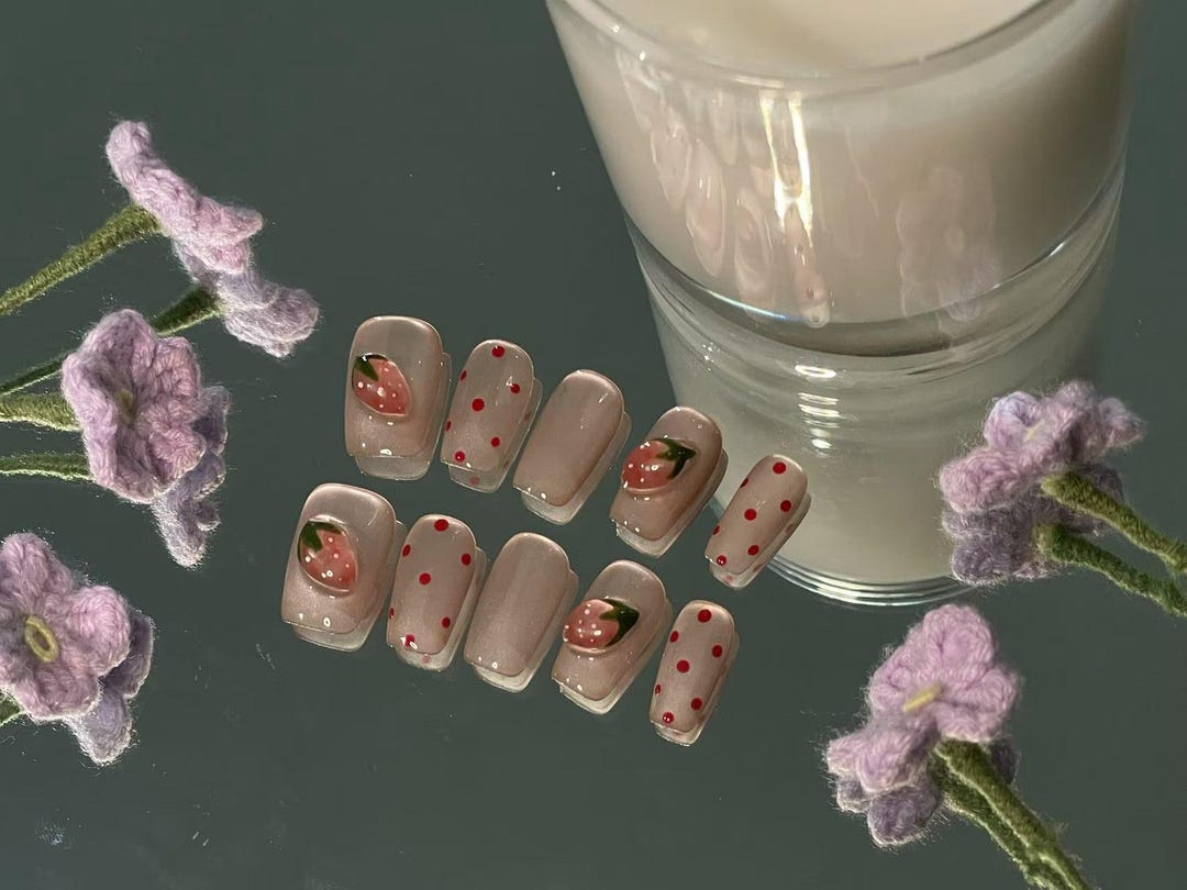 Cat Eye Strawberry Press-on Nails: Kawaii Pink Hand Painted Nail Art - Etsy