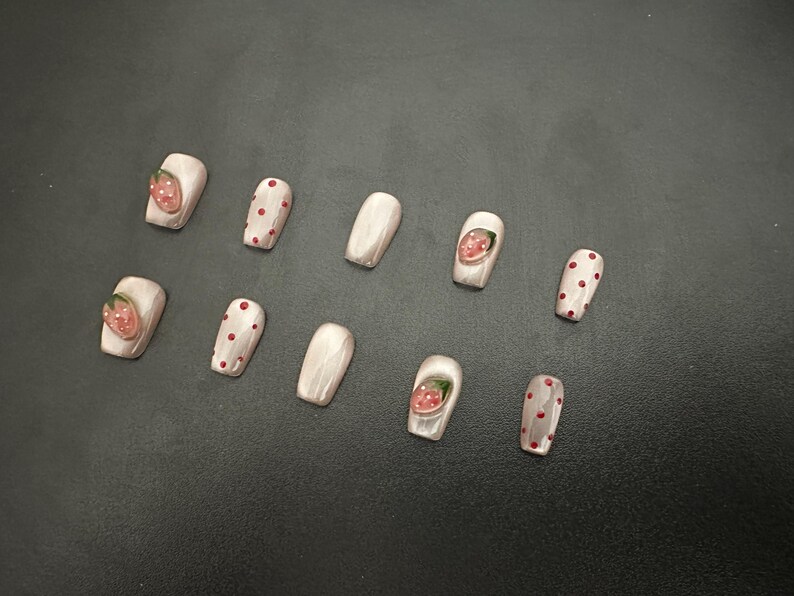 Cat Eye Strawberry Press-on Nails: Kawaii Pink Hand Painted Nail Art - Etsy