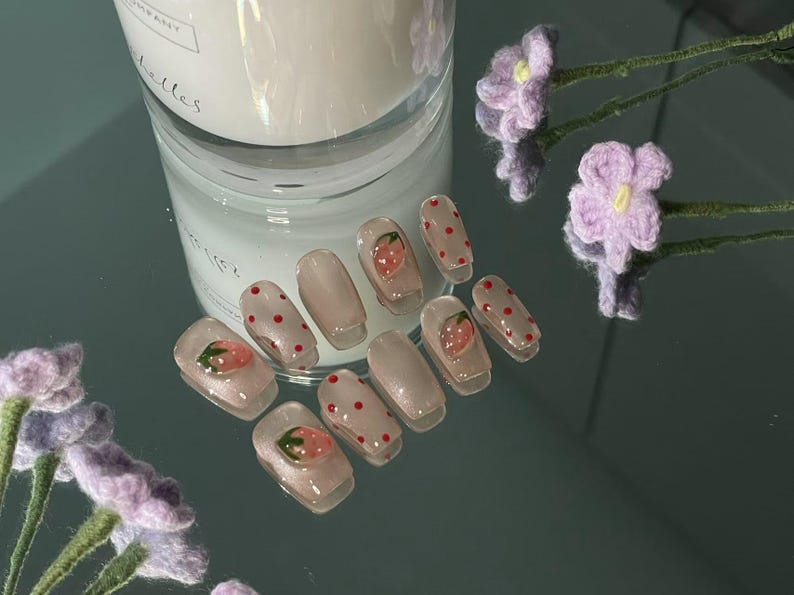 Cat Eye Strawberry Press-on Nails: Kawaii Pink Hand Painted Nail Art - Etsy