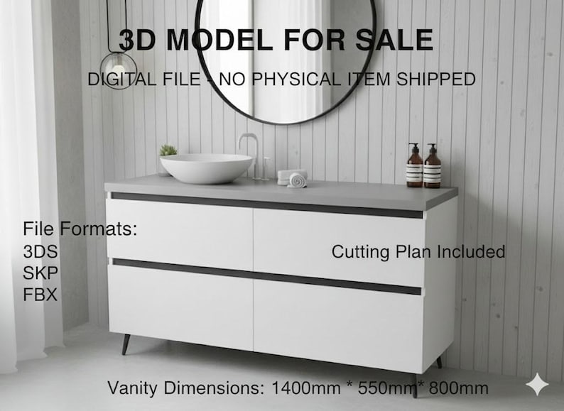 3D Model Bathroom Vanity Plans | Digital File | Modern Double Sink ...