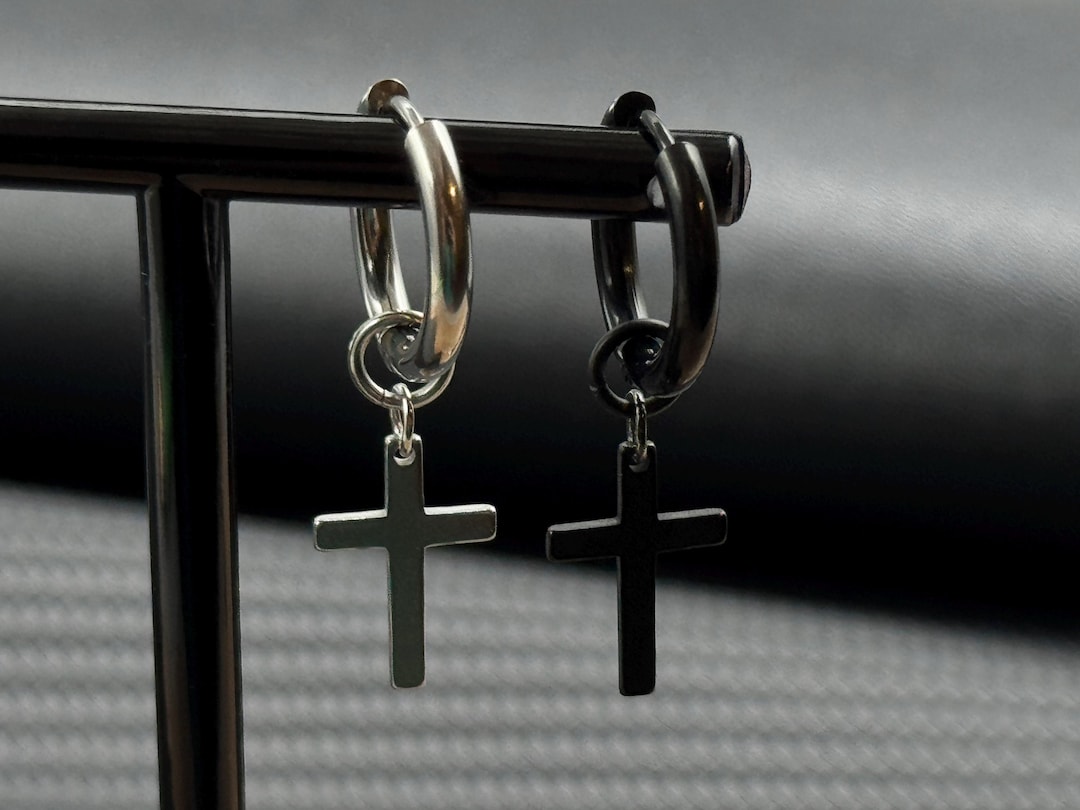 Unisex Stainless Steel Cross Hoop Earring – Silver or Black ...