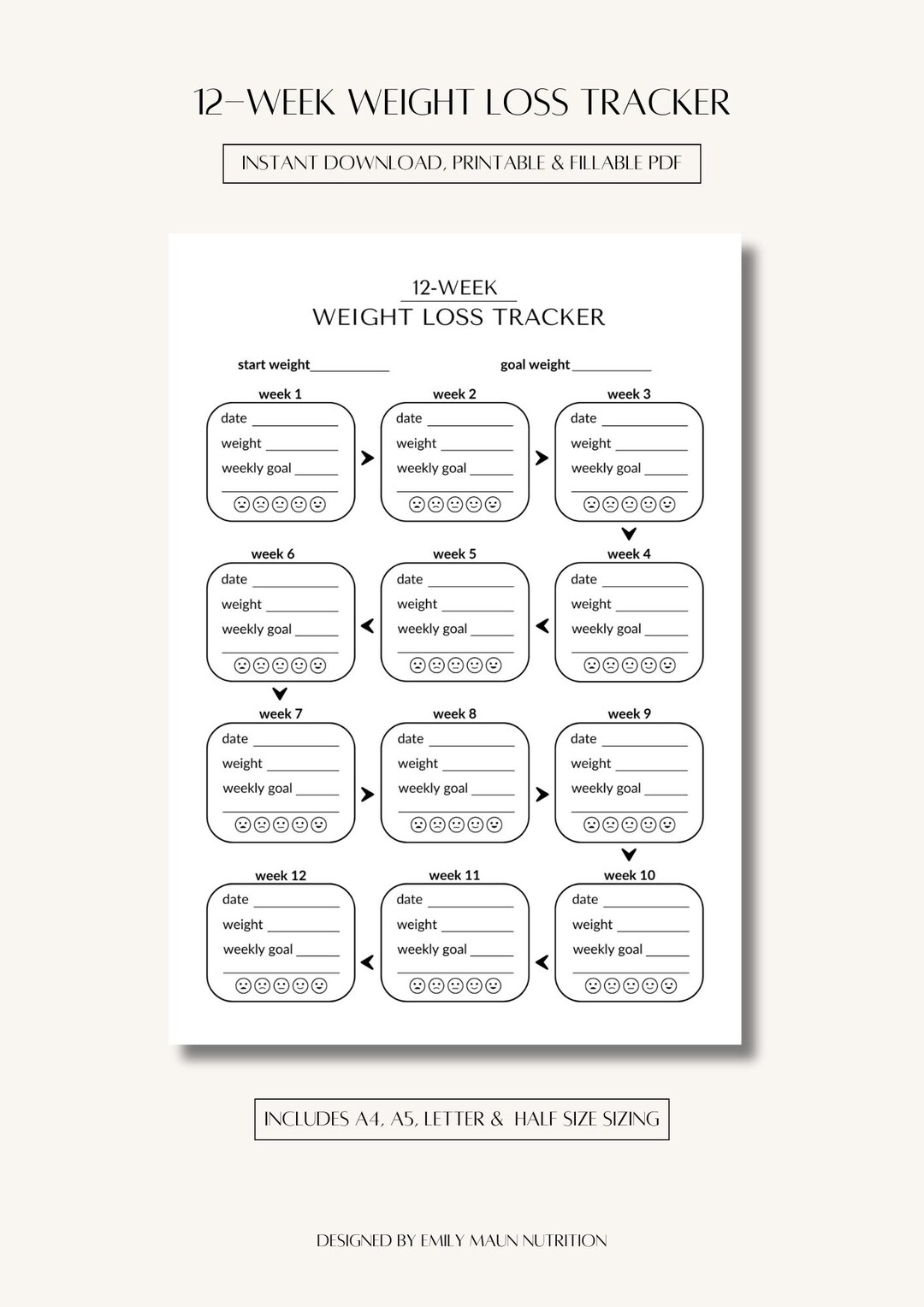 12 Week Weight Loss Tracker, Fillable & Printable, Weight Loss, Health ...