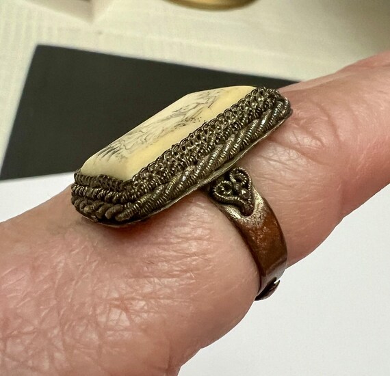 Antique Art Deco Faux Scrimshaw Ring - Gem