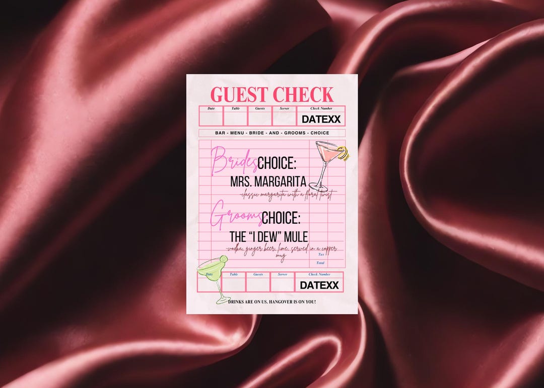 Editable Guest Check Bar Menu | Wedding Cocktail Sign Template | Retro ...