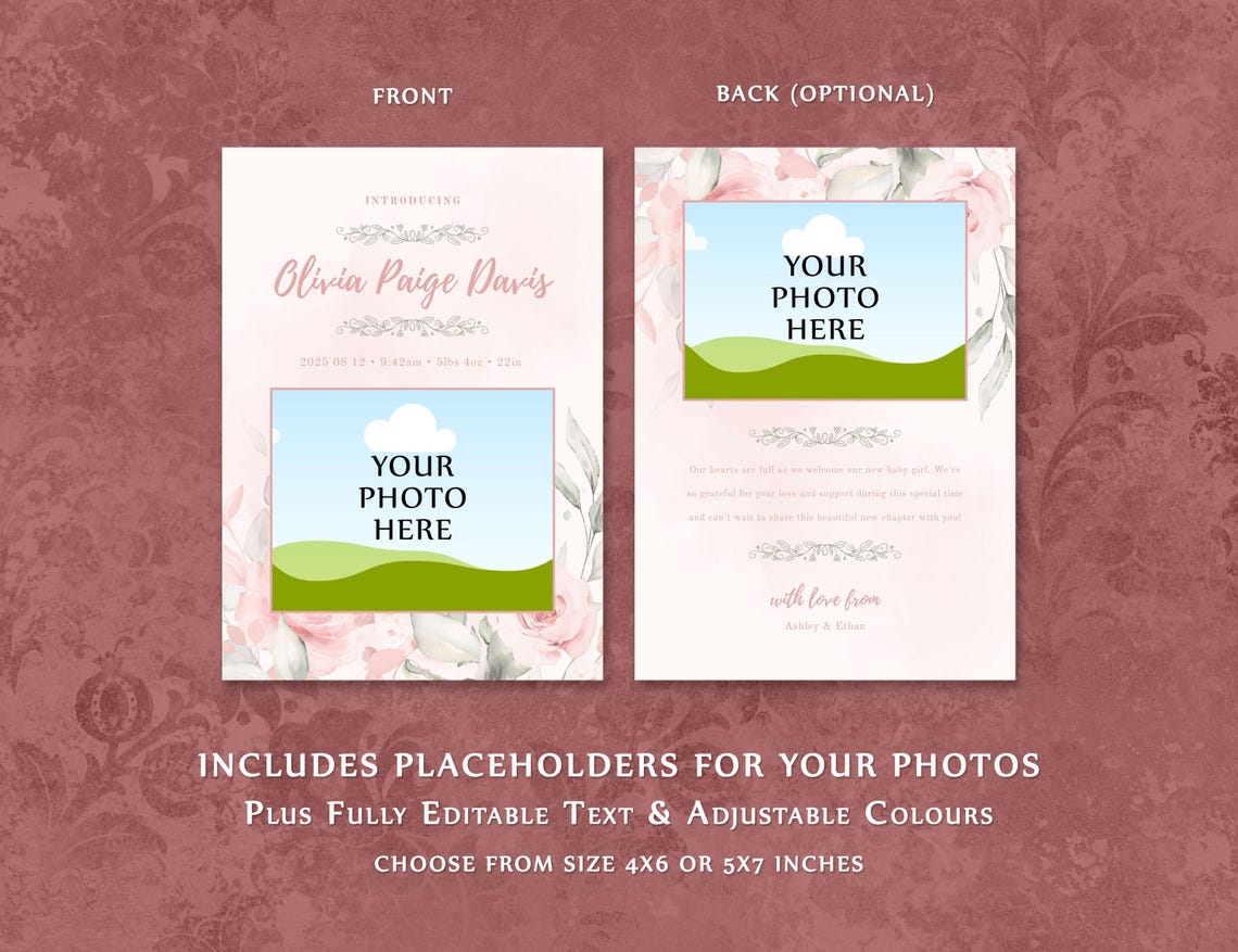 Birth Announcement Template | Newborn Baby Girl | Pink Vintage ...