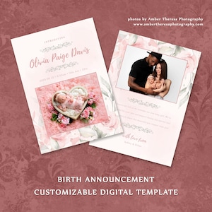 Birth Announcement Template | Newborn Baby Girl | Pink Vintage ...