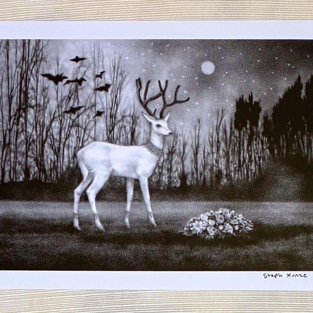 White-tailed Deer With Bats - Art Print of Original Graphite Drawing ...