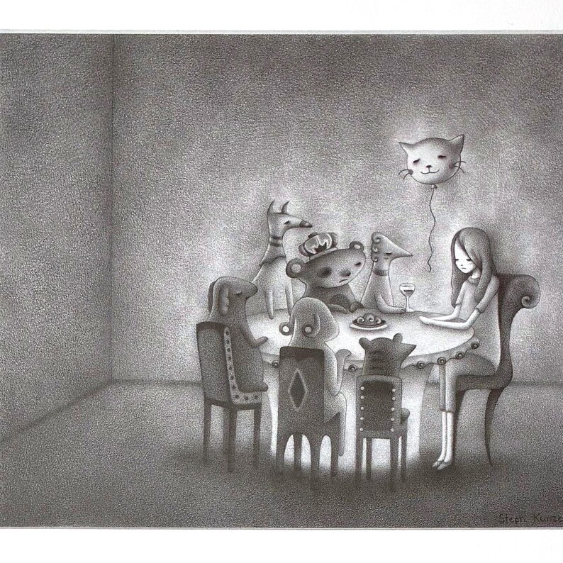 Framed Graphite Drawing: Sad Girl and Animal Friends by Steph Kunze - Etsy