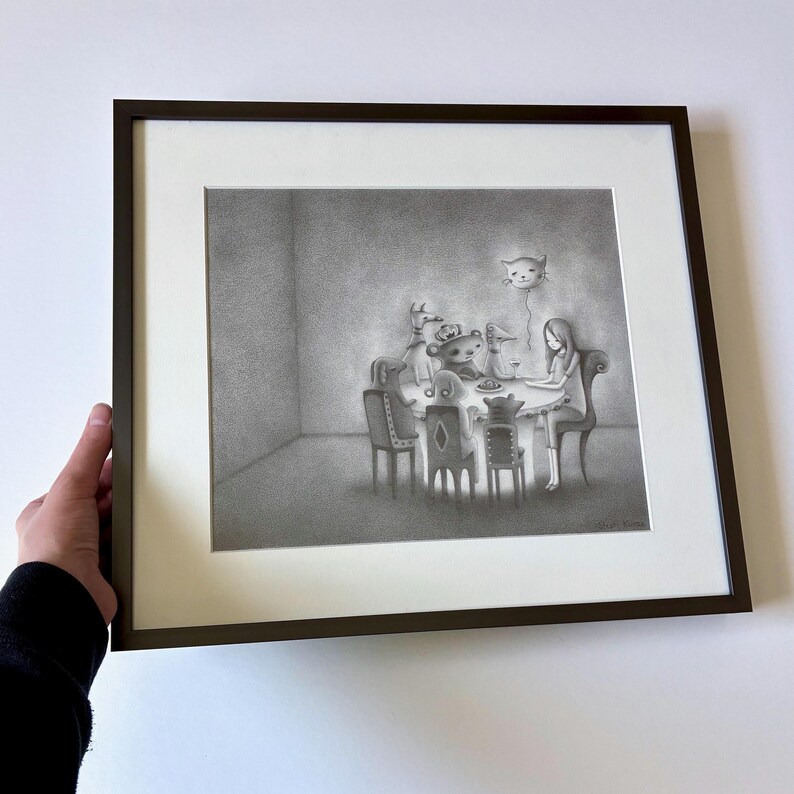 Framed Graphite Drawing: Sad Girl and Animal Friends by Steph Kunze - Etsy