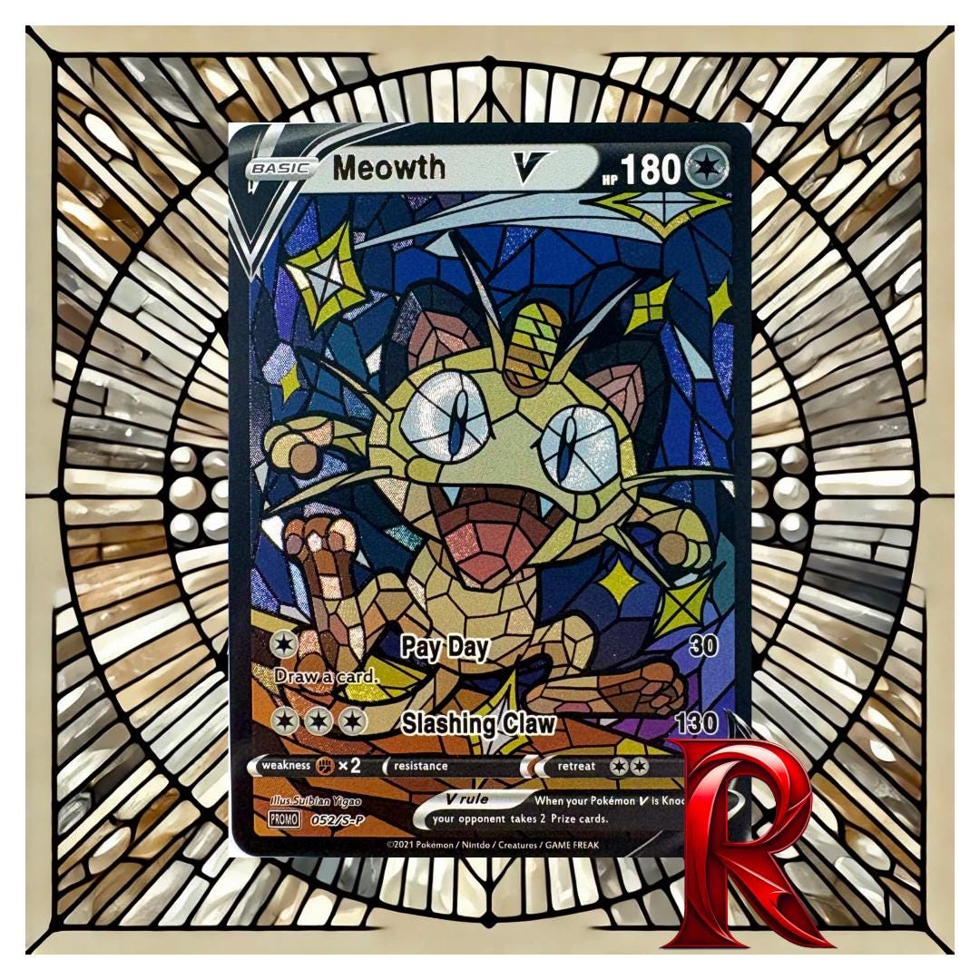 Custom Meowth V Stained Glass Holo Card – Pokemon-inspired Art ACG Full ...