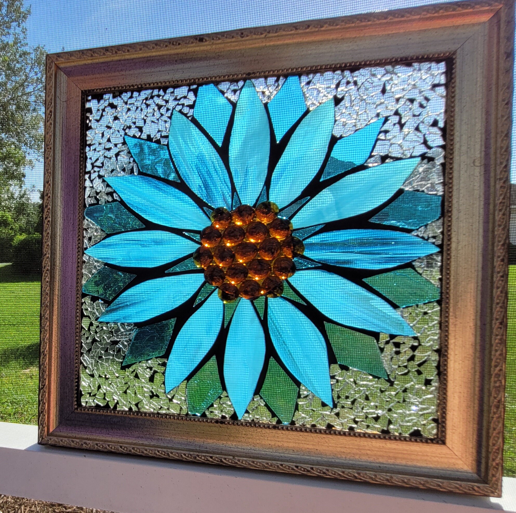 Stained Glass Mosaic Wooden Window Repurpose blue Coneflower Daisy ...