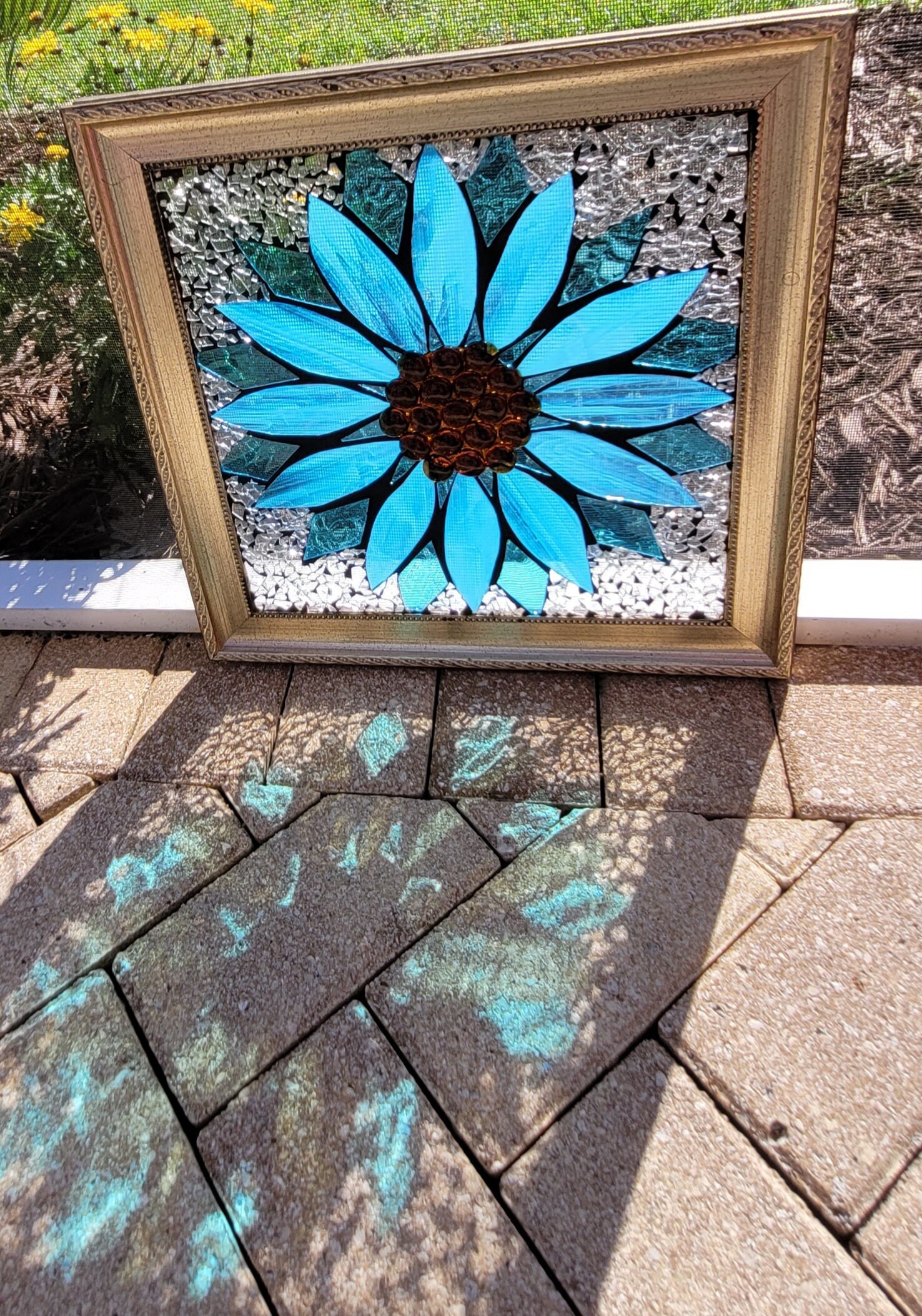 Stained Glass Mosaic Wooden Window Repurpose blue Coneflower Daisy ...