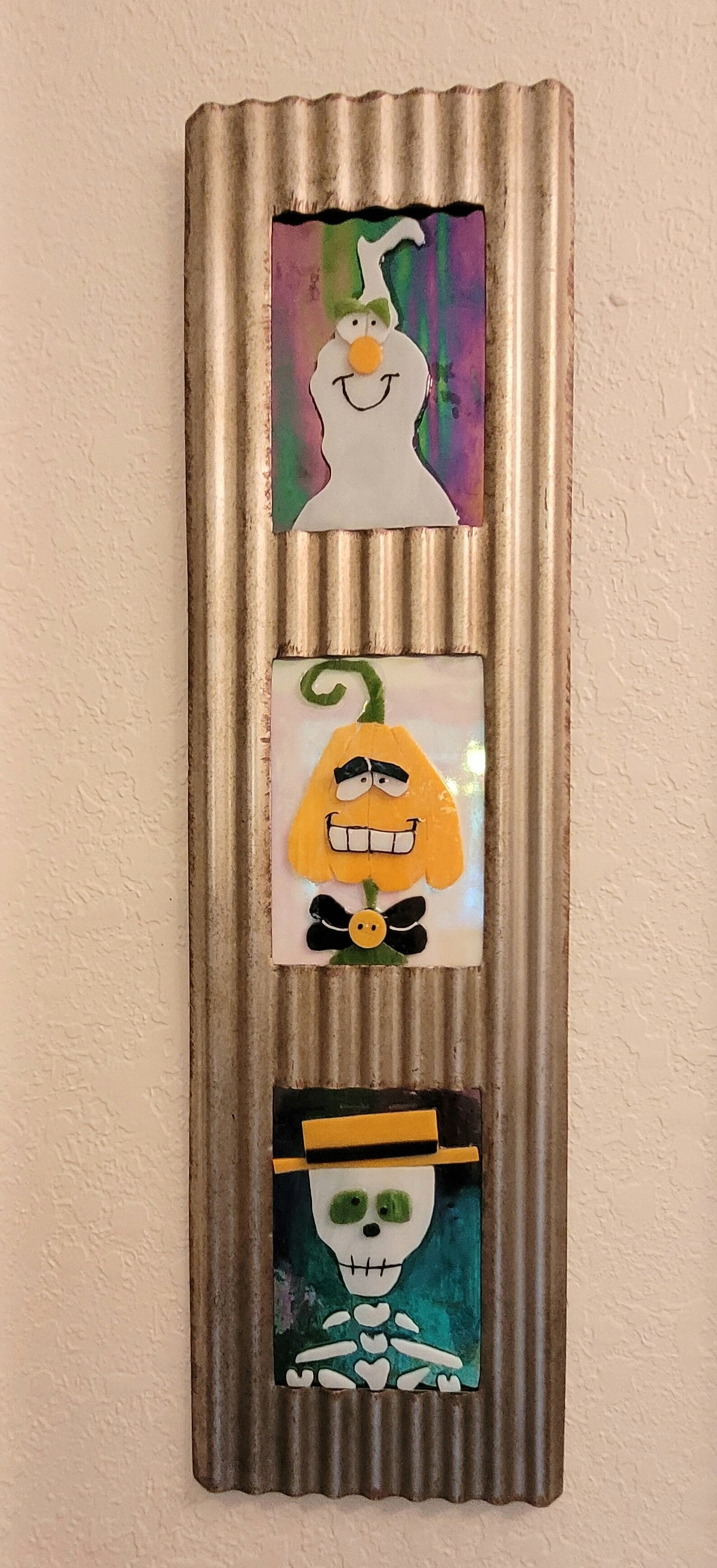 Halloween Triple Stained Glass Mosaic Frame Ghost Skeleton Pumpkin ...