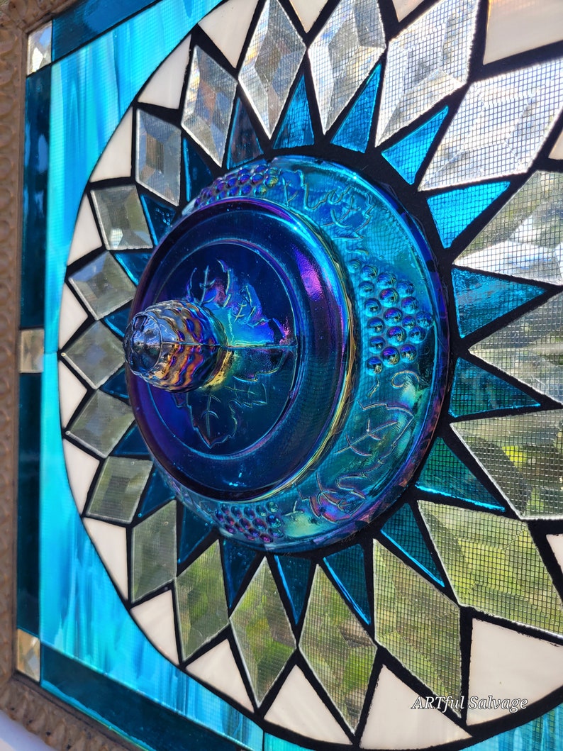 Stained Glass Mosaic Blue Turquoise Teal Carnival Glass Lid Bevels ...