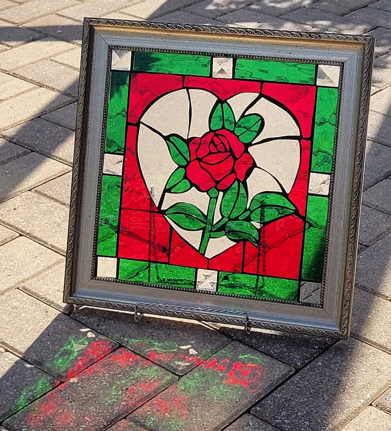 Red Rose Heart Stained Glass Mosaic Wooden Window Repurpose Green ...