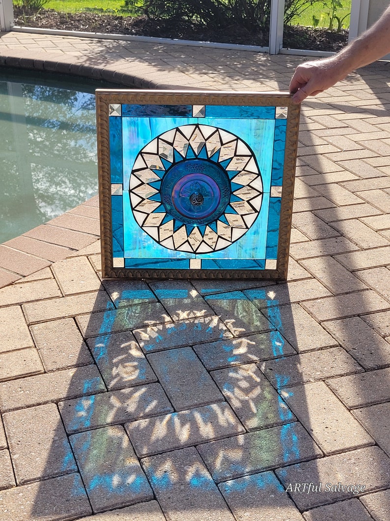 Stained Glass Mosaic Blue Turquoise Teal Carnival Glass Lid Bevels ...