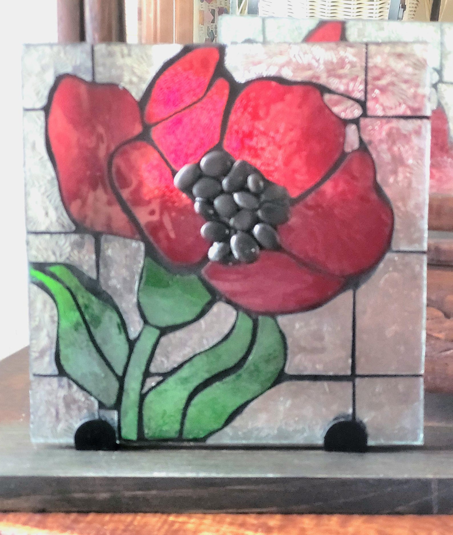 Red Poppy Mandala Square Stained Glass Mosaic Art Display Sculpture ...