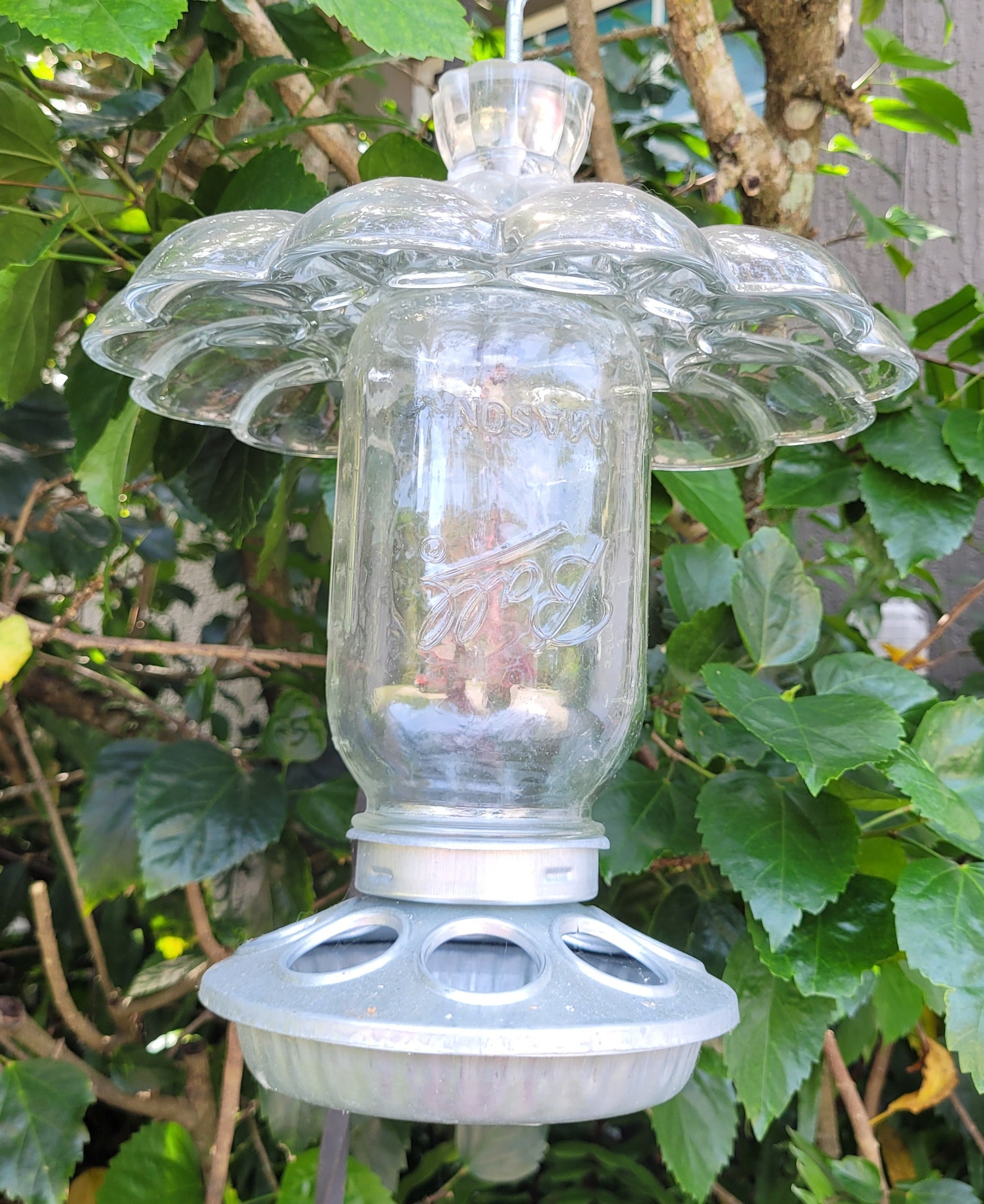 Mason Jar Bird Feeder Repurposed Chicken Feeder Glass Garden Art ...