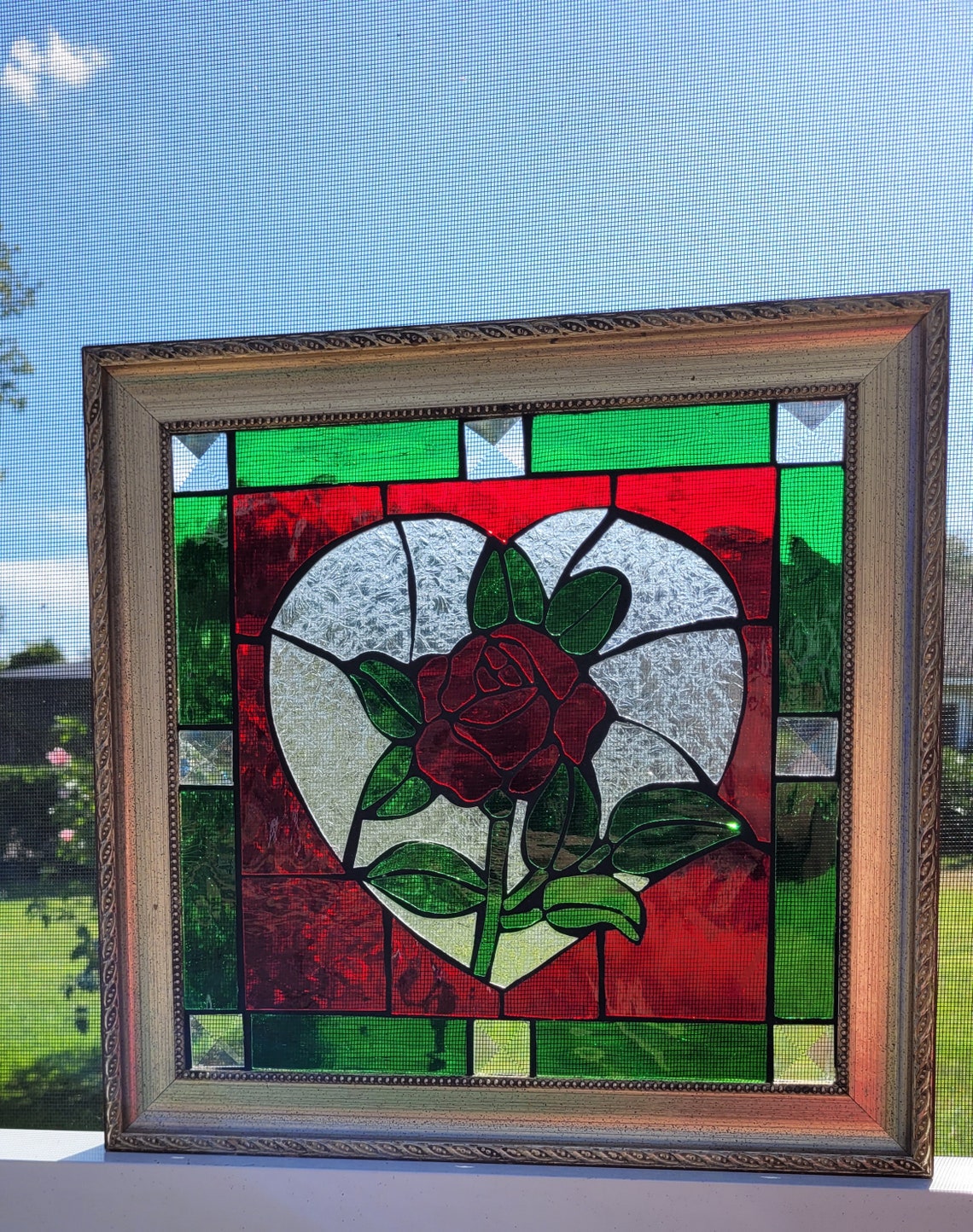 Red Rose Heart Stained Glass Mosaic Wooden Window Repurpose Green ...