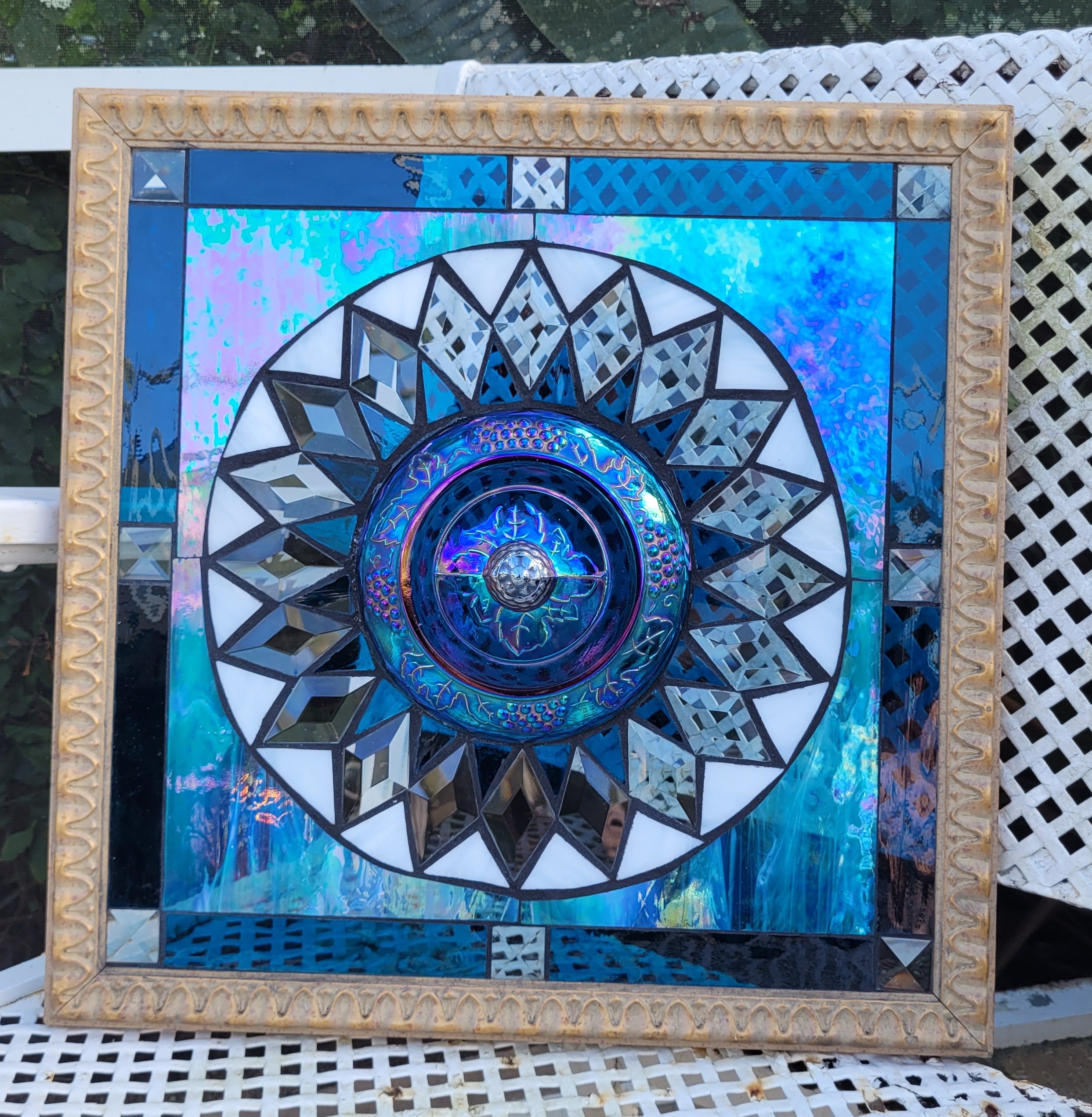 Stained Glass Mosaic Blue Turquoise Teal Carnival Glass Lid Bevels ...
