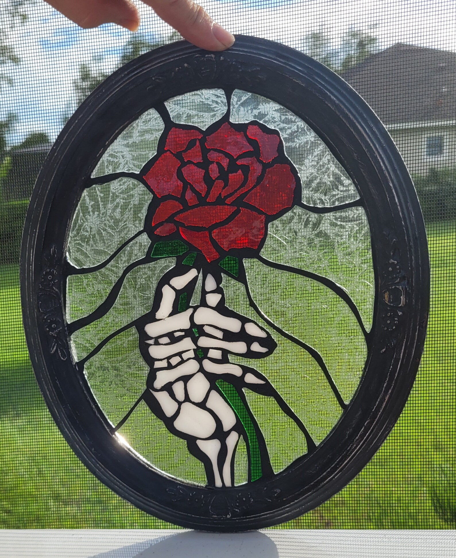 Stained Glass Mosaic Ruby Red Rose Slelton Hand Love Haunted - Etsy