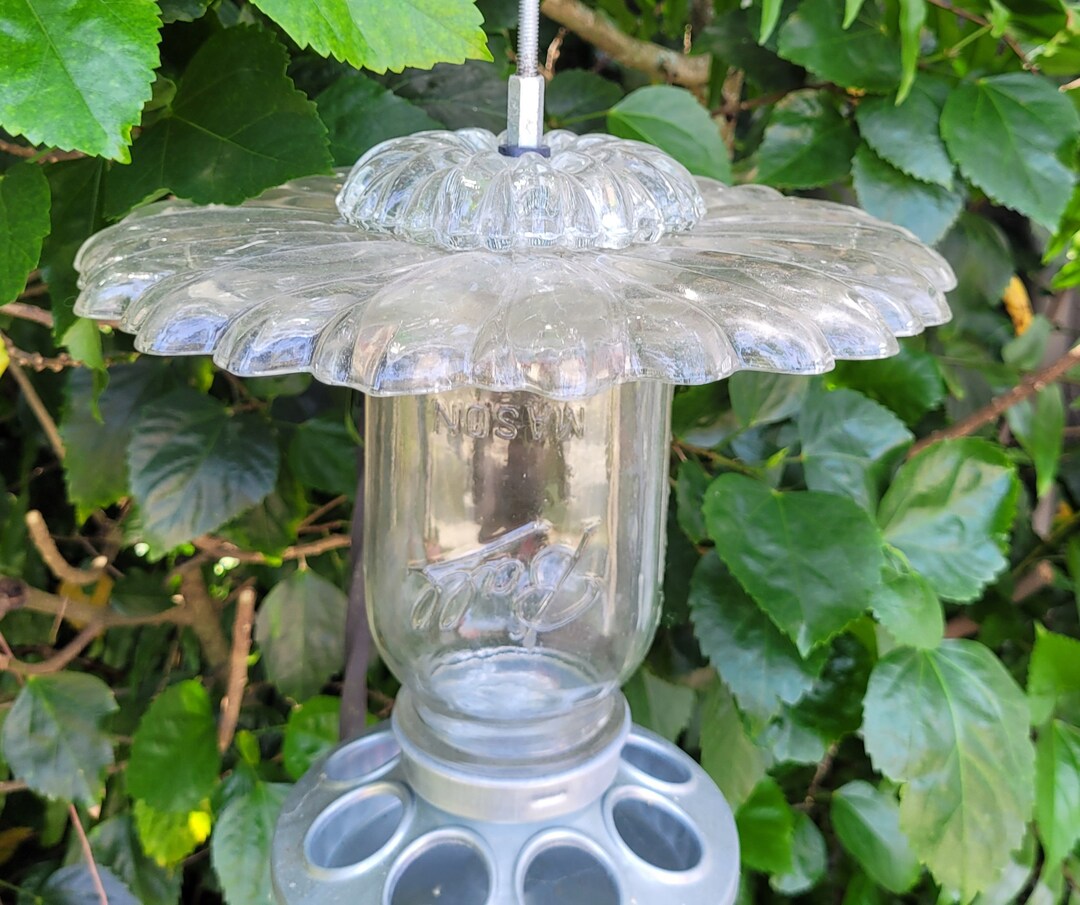 Mason Jar Bird Feeder Repurposed Chicken Feeder Glass Vintage Garden ...