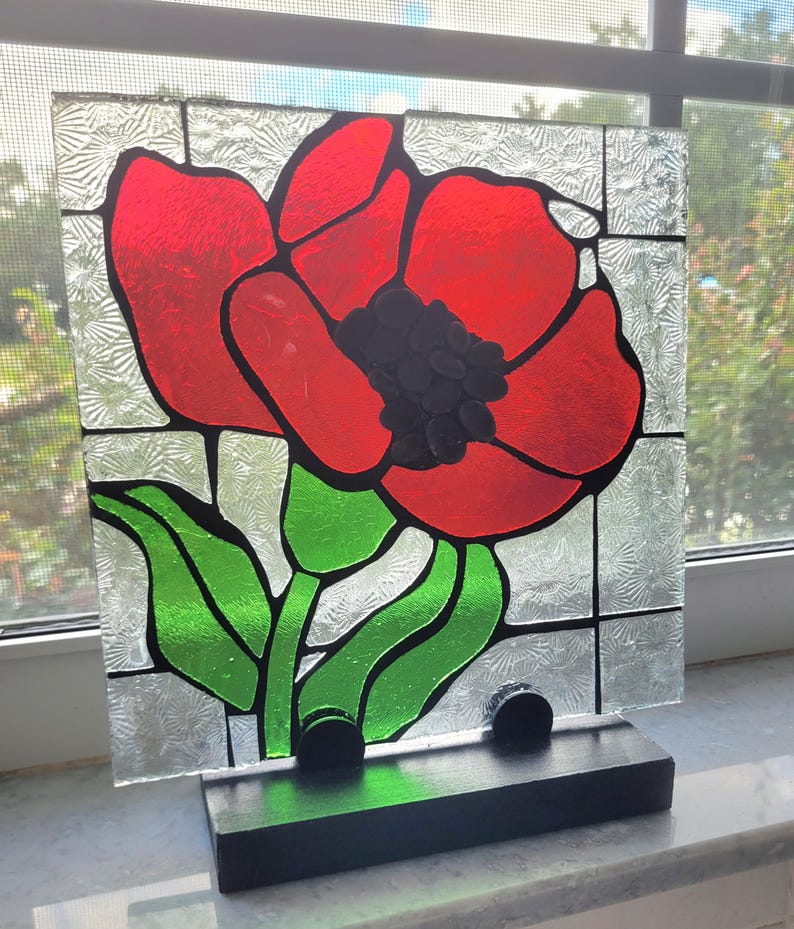 Red Poppy Mandala Square Stained Glass Mosaic Art Display Sculpture ...